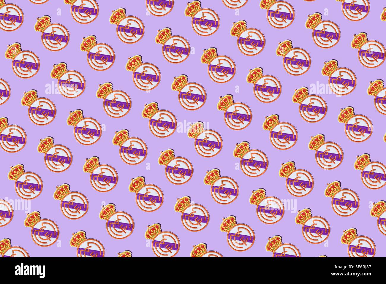 Retro Real Madrid embroidered crest pattern on a purple background. 80s ...