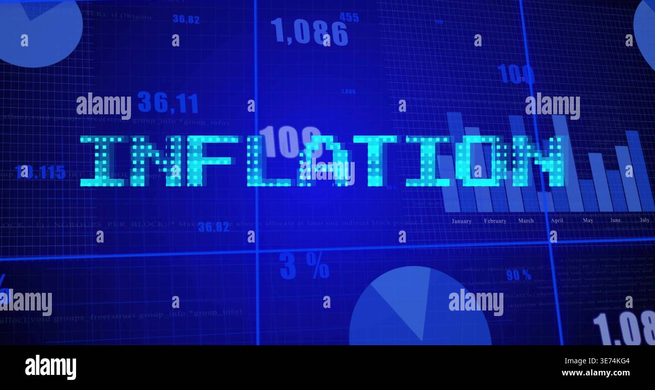 Displaying large pixelated INFLATION headline on blue digital dashboard ...