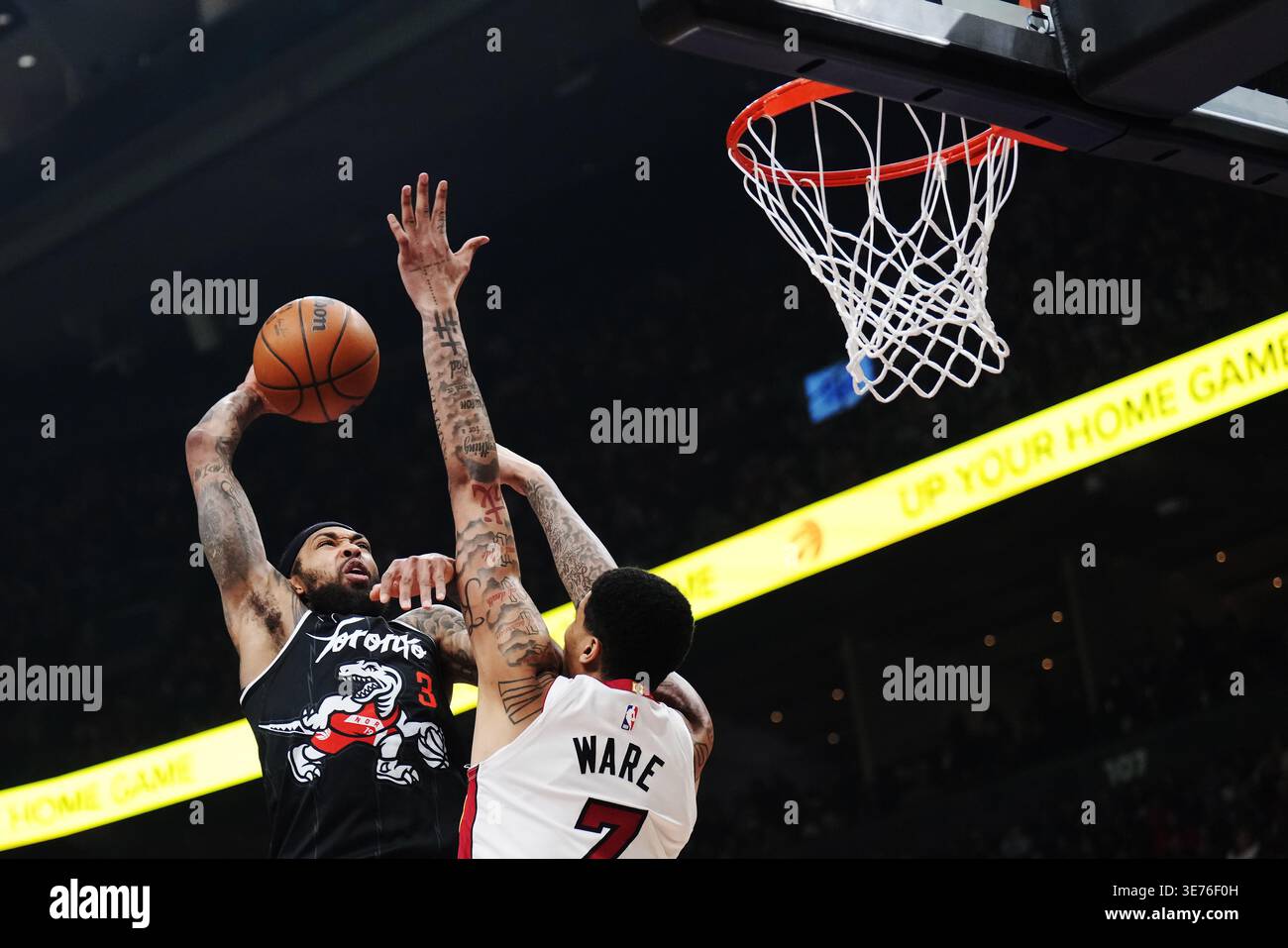 Toronto Raptors' Brandon Ingram (3) tries to dunk over Miami Heat's Kel ...