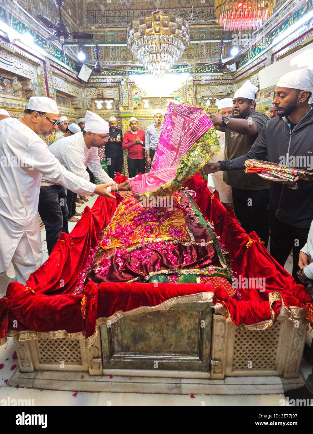 Pilgrims Performing Ritual at Decorated Muslim Shrine Tomb Inside ...