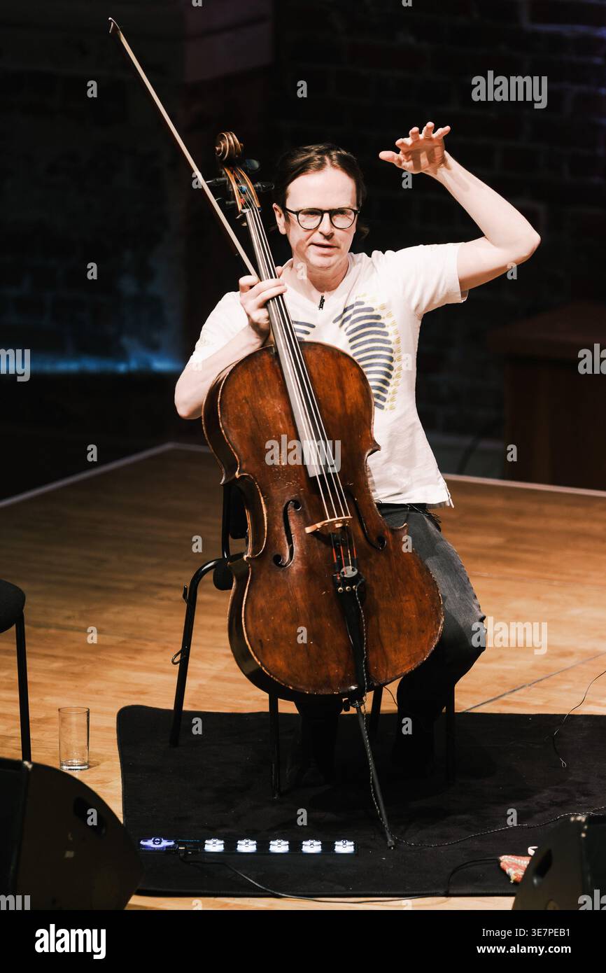 London, UK. 10 April 2026. Composer Oliver Coates performs on his Cello ...