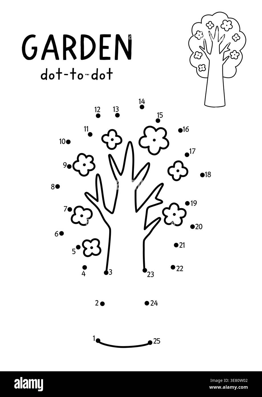 Vector garden dot-to-dot and color activity with cute blooming tree ...
