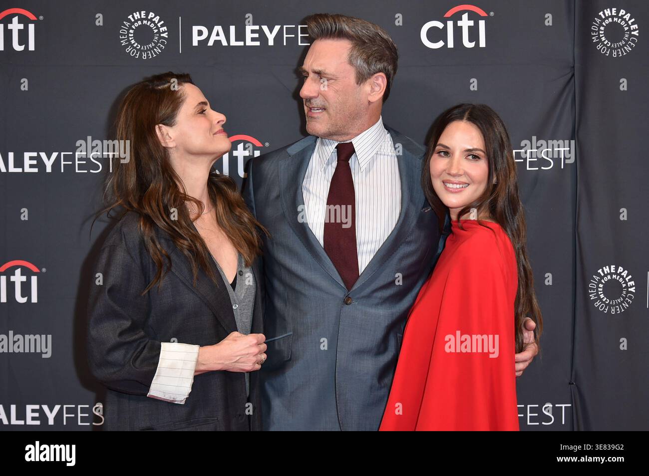 Amanda Peet, from left, Jon Hamm and Olivia Munn arrive at a PaleyFest ...