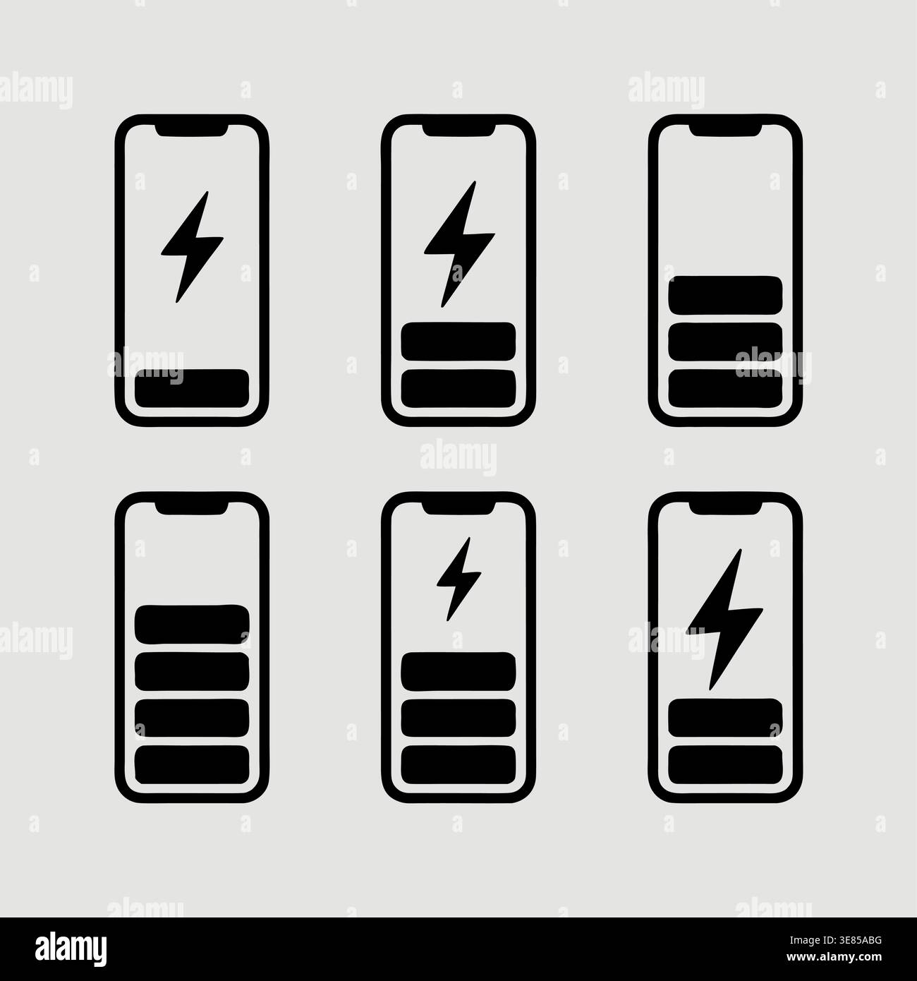 A set of phone icons with different battery charge levels, including ...