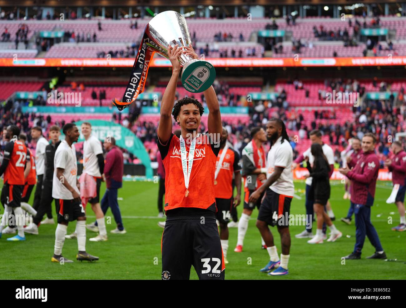 Luton Town's Emilio Lawrence celebrates with the trophy after winning ...