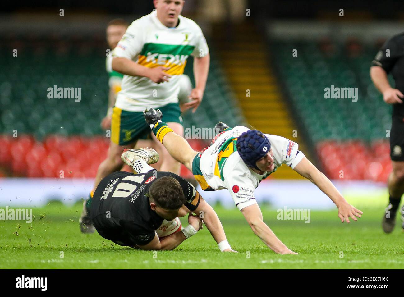 Cardiff, Wales, UK. 12th April 2026. Joseff Jones of Merthyr and Iestyn ...