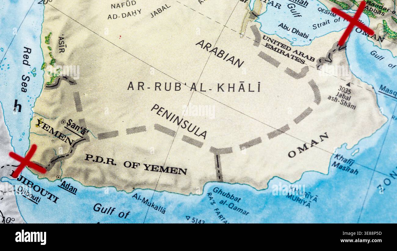 Map showing both the Strait of Hormuz and Bab el Mandeb marked with X ...