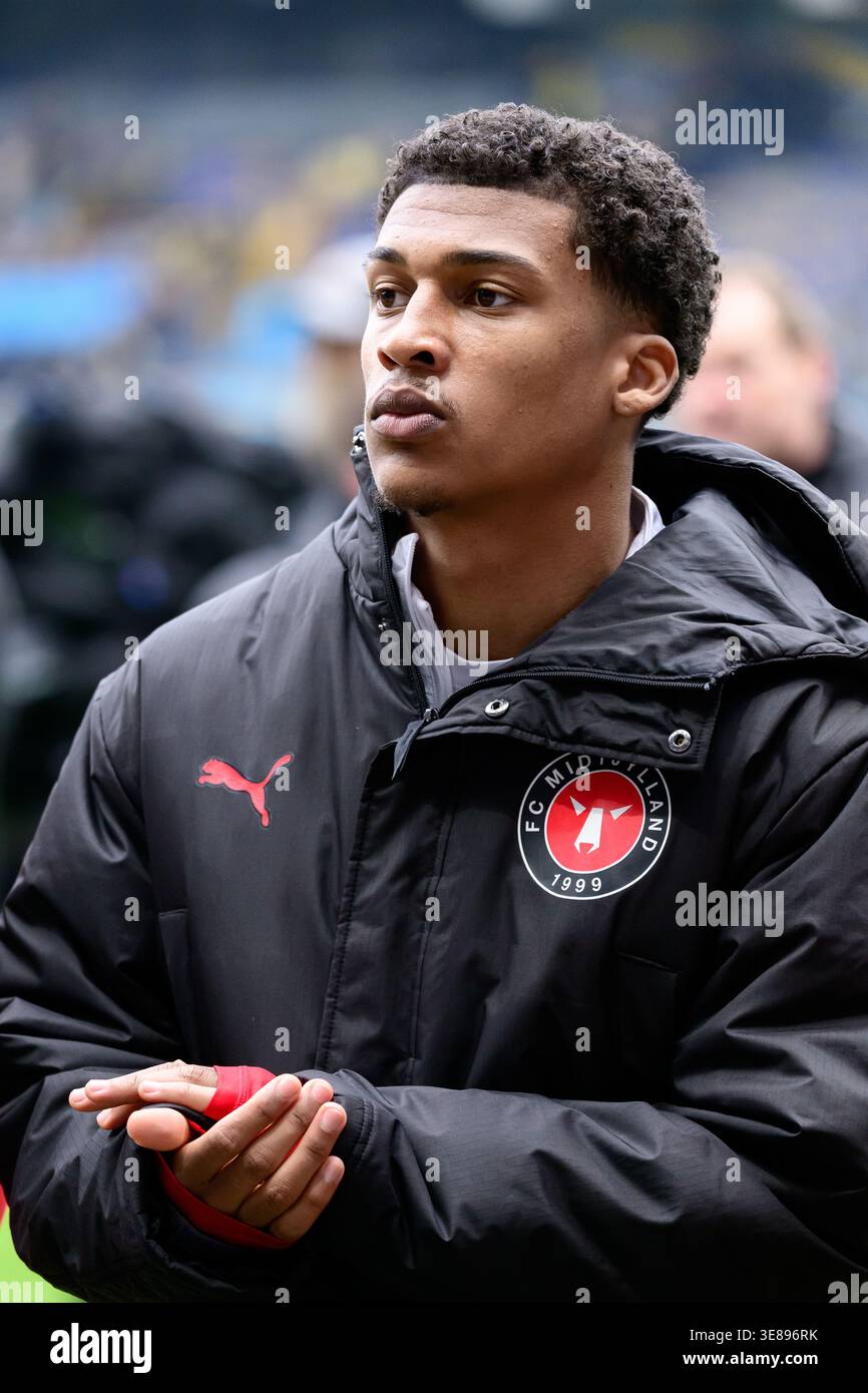 Brondby, Denmark. 12th, April 2026. Junior Ze of FC Midtjylland seen ...