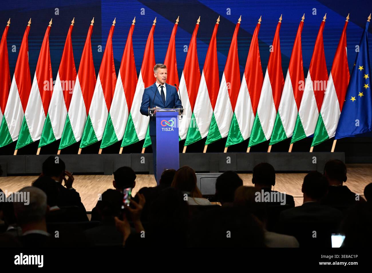 Peter Magyar speaks to the media in Budapest, Hungary, Monday, April 13 ...