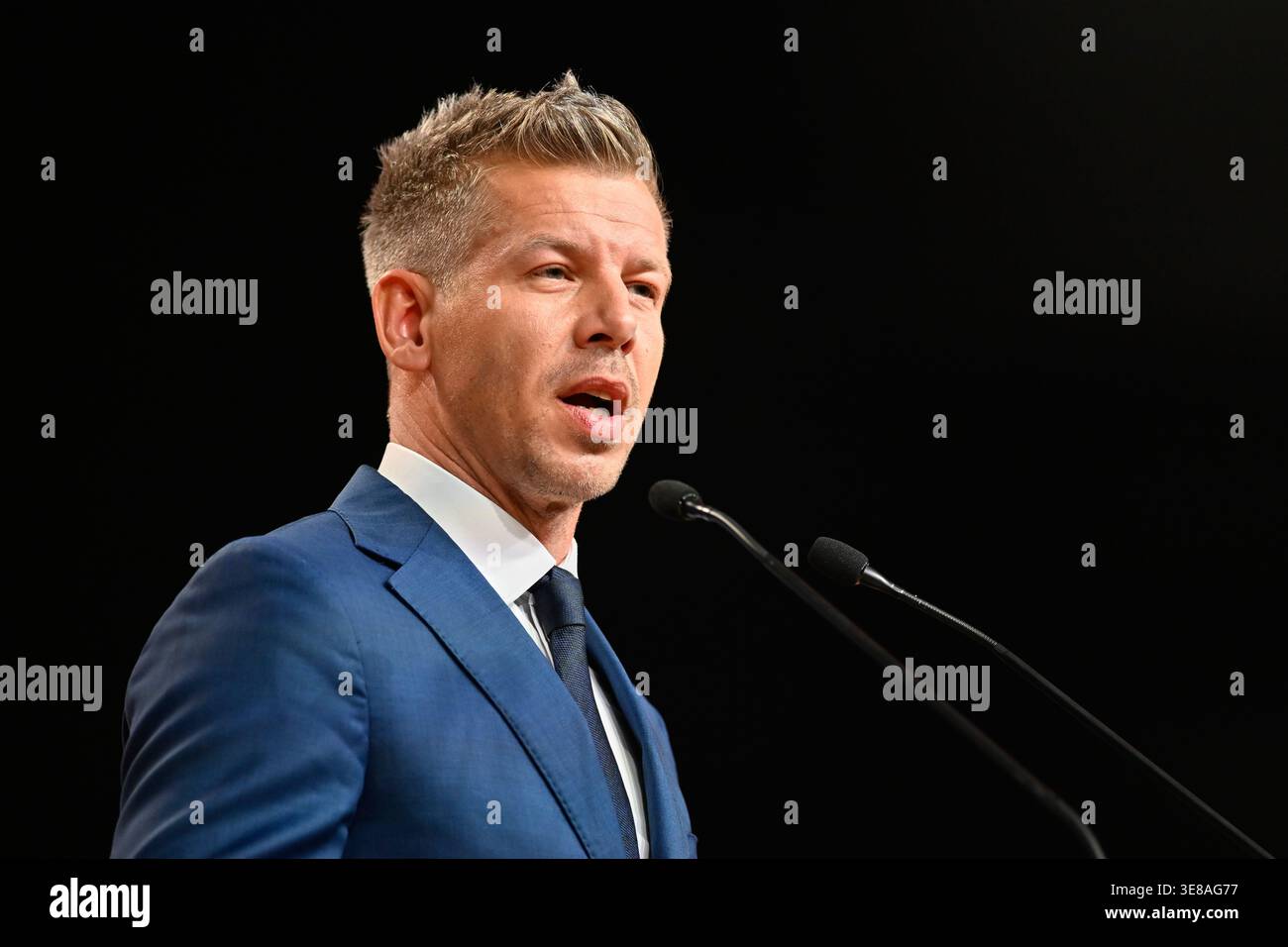 Peter Magyar speaks to the media in Budapest, Hungary, Monday, April 13 ...