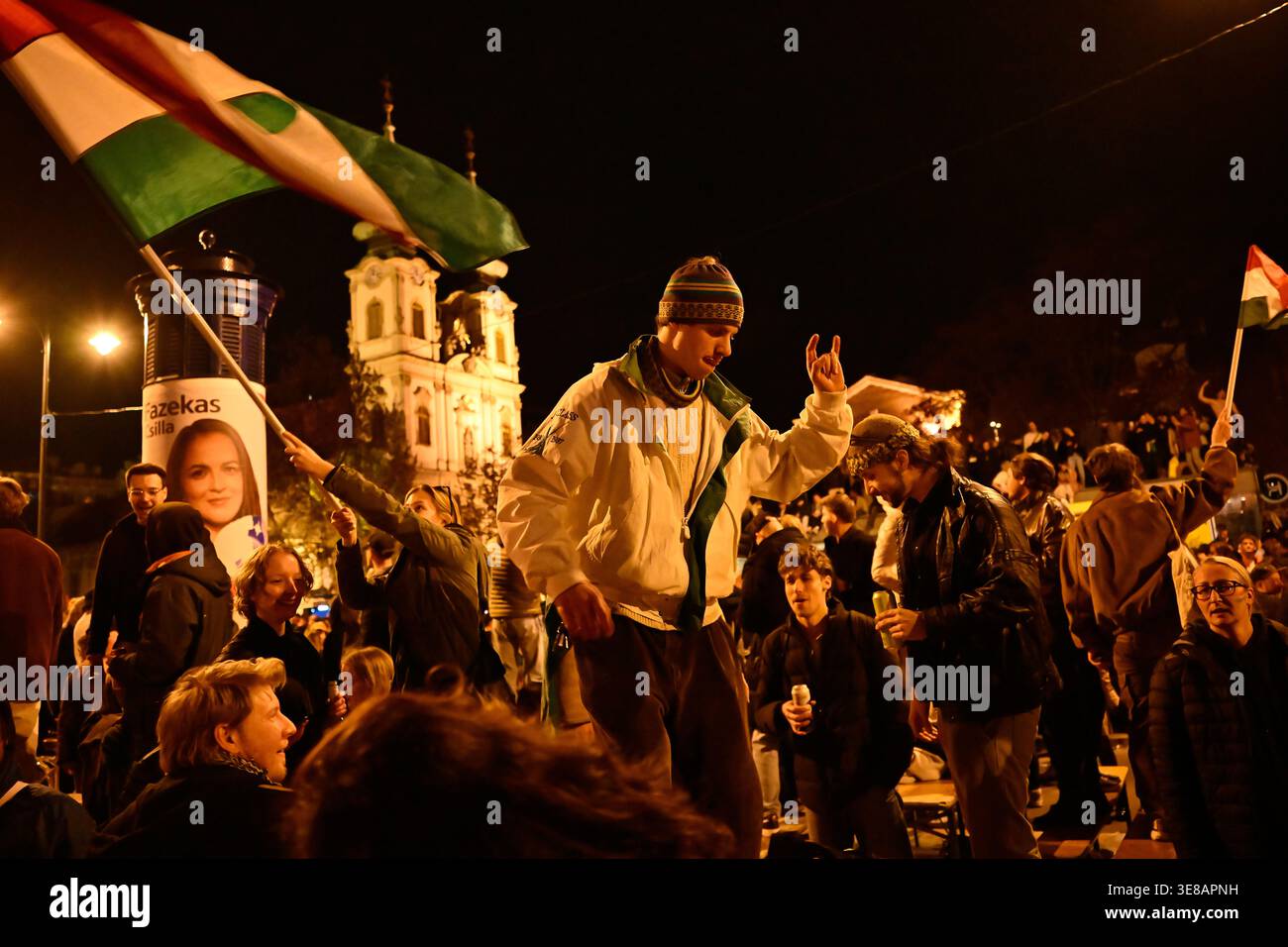 Youngsters celebrate in Budapest, Hungary, Monday, April 13, 2026 ...