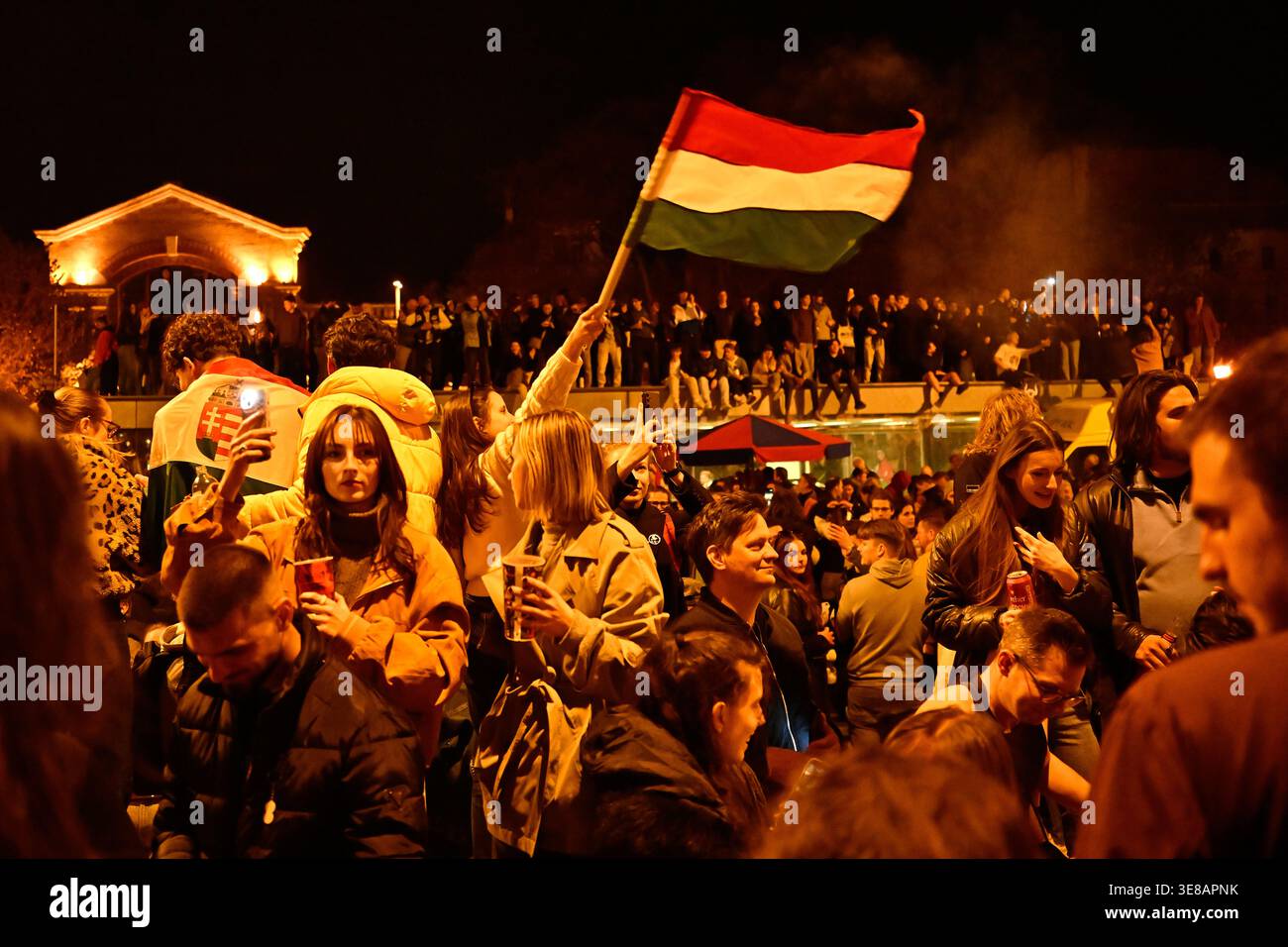 Youngsters celebrate in Budapest, Hungary, Monday, April 13, 2026 ...