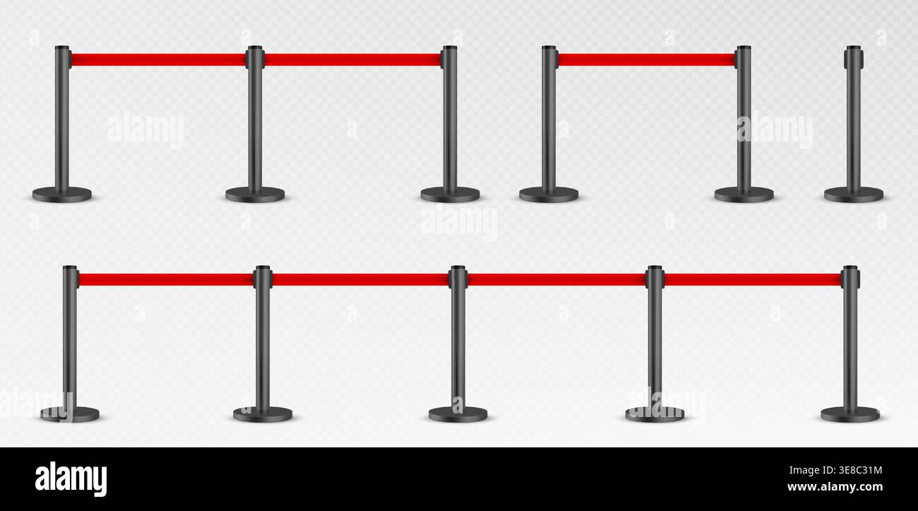 Belt barrier with red rope on black poles isolated on transparent ...
