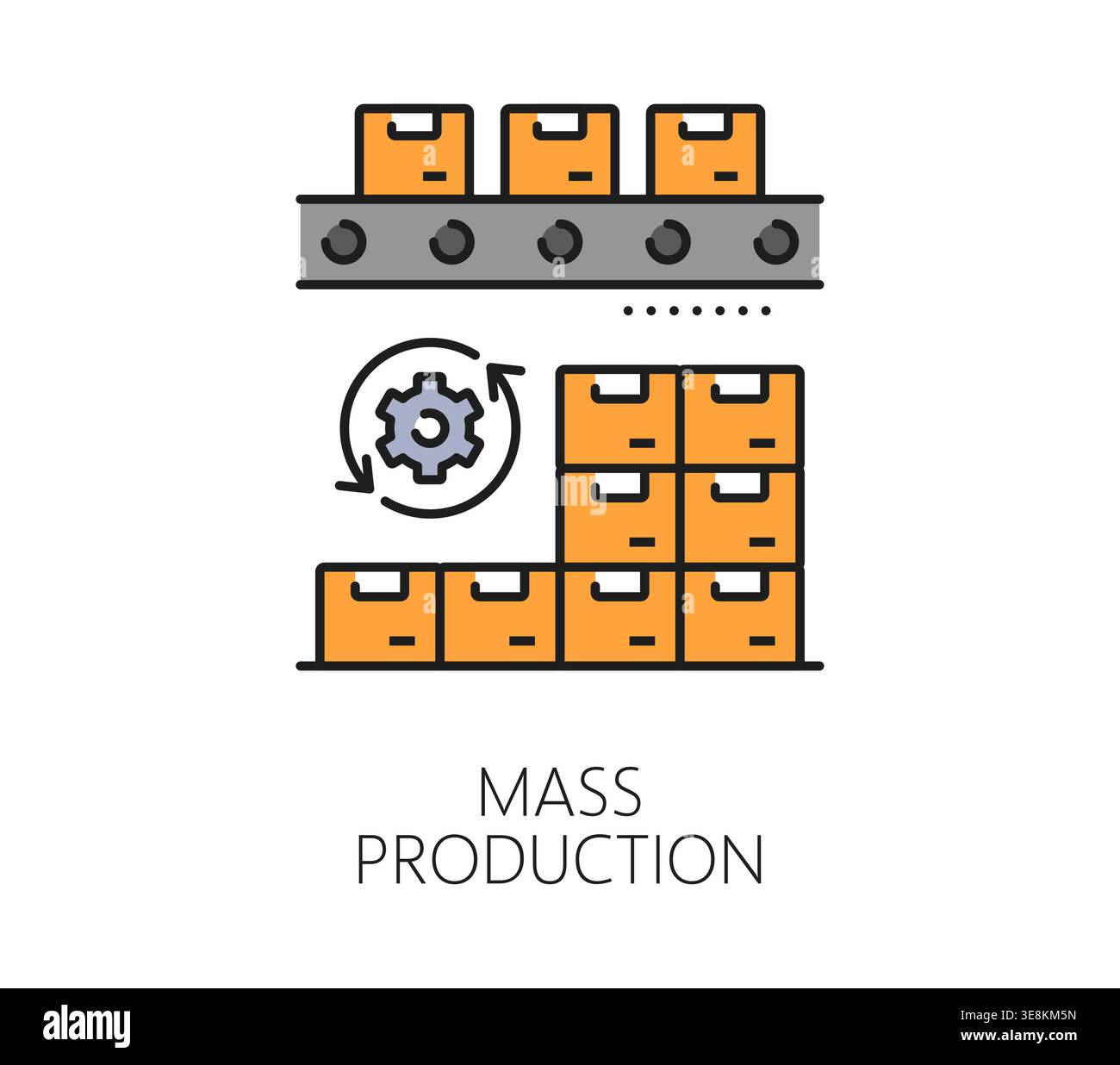 Automatic mass production, manufacture icon or sign. Conveyor plant ...