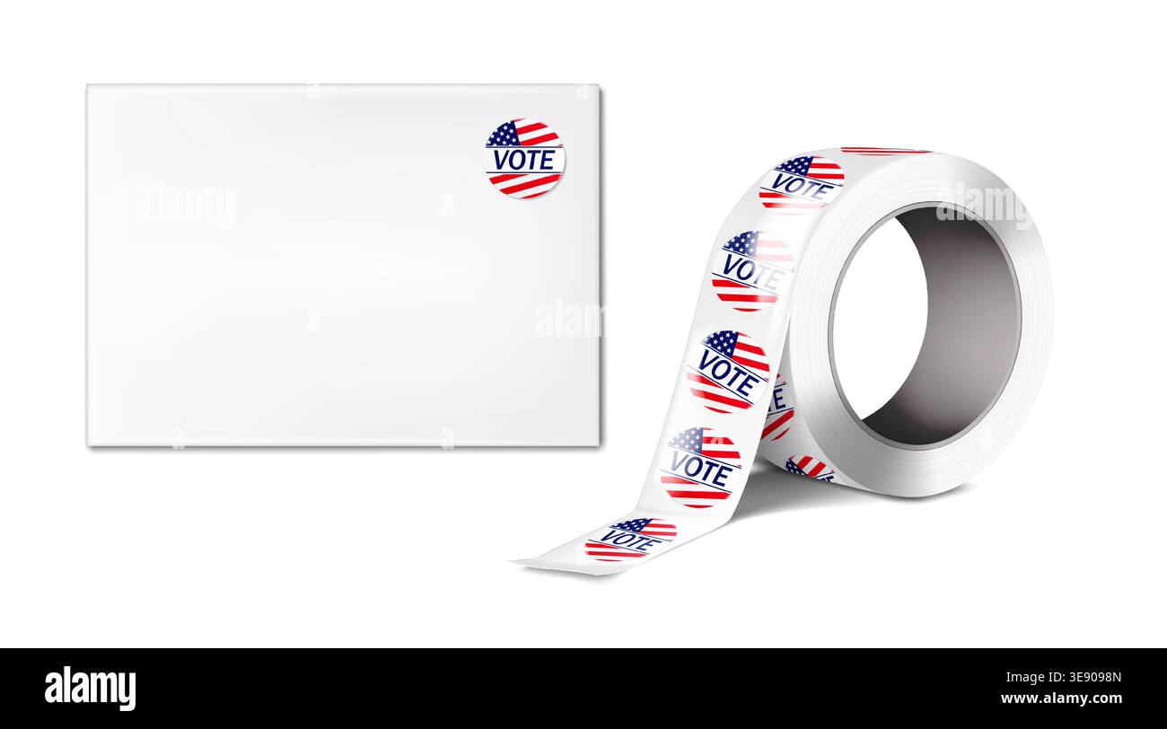 White envelope and round label sticker roll with USA flag Vote stickers ...