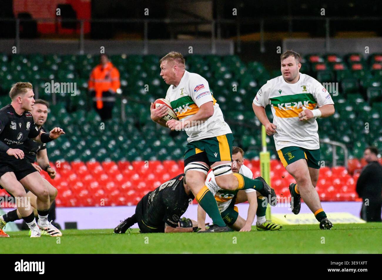Cardiff, Wales. 12 April 2026. Craig Locke of Merthyr runs with the ...