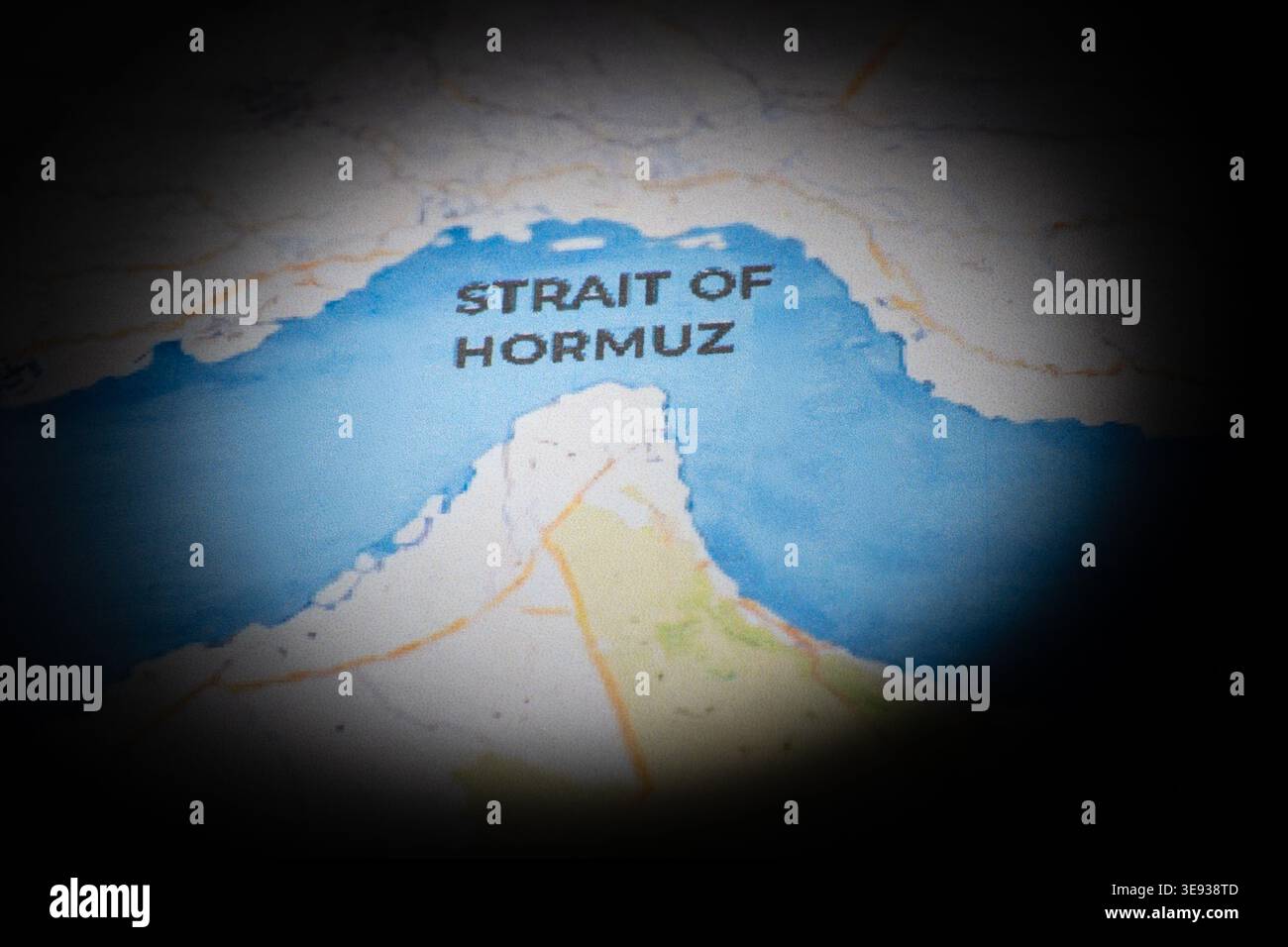 Conceptual map showing the Strait of Hormuz with a heavy dark vignette ...