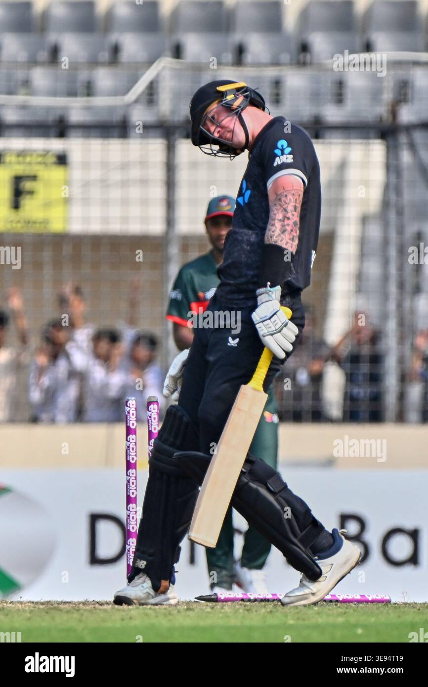 New Zealand's Blair Tickner reacts after bowled out by Taskin Ahmed ...