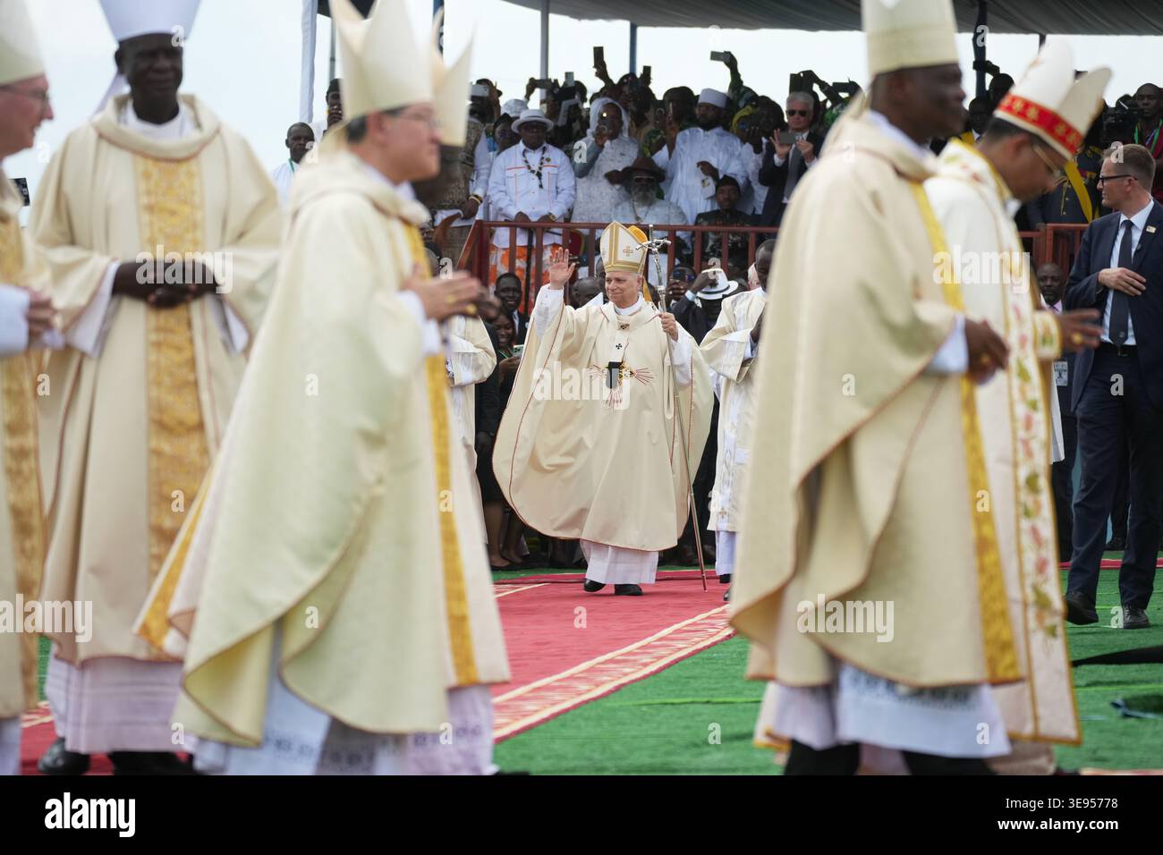 Pope Leo XIV arrives to celebrate Mass at the Japoma Stadium, in Douala ...