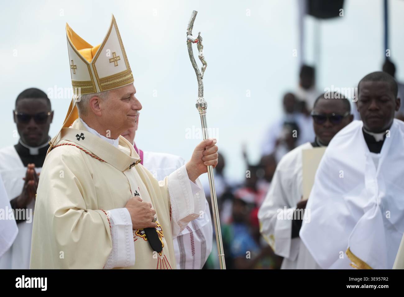 Pope Leo XIV arrives in procession to celebrate Mass at the Japoma ...