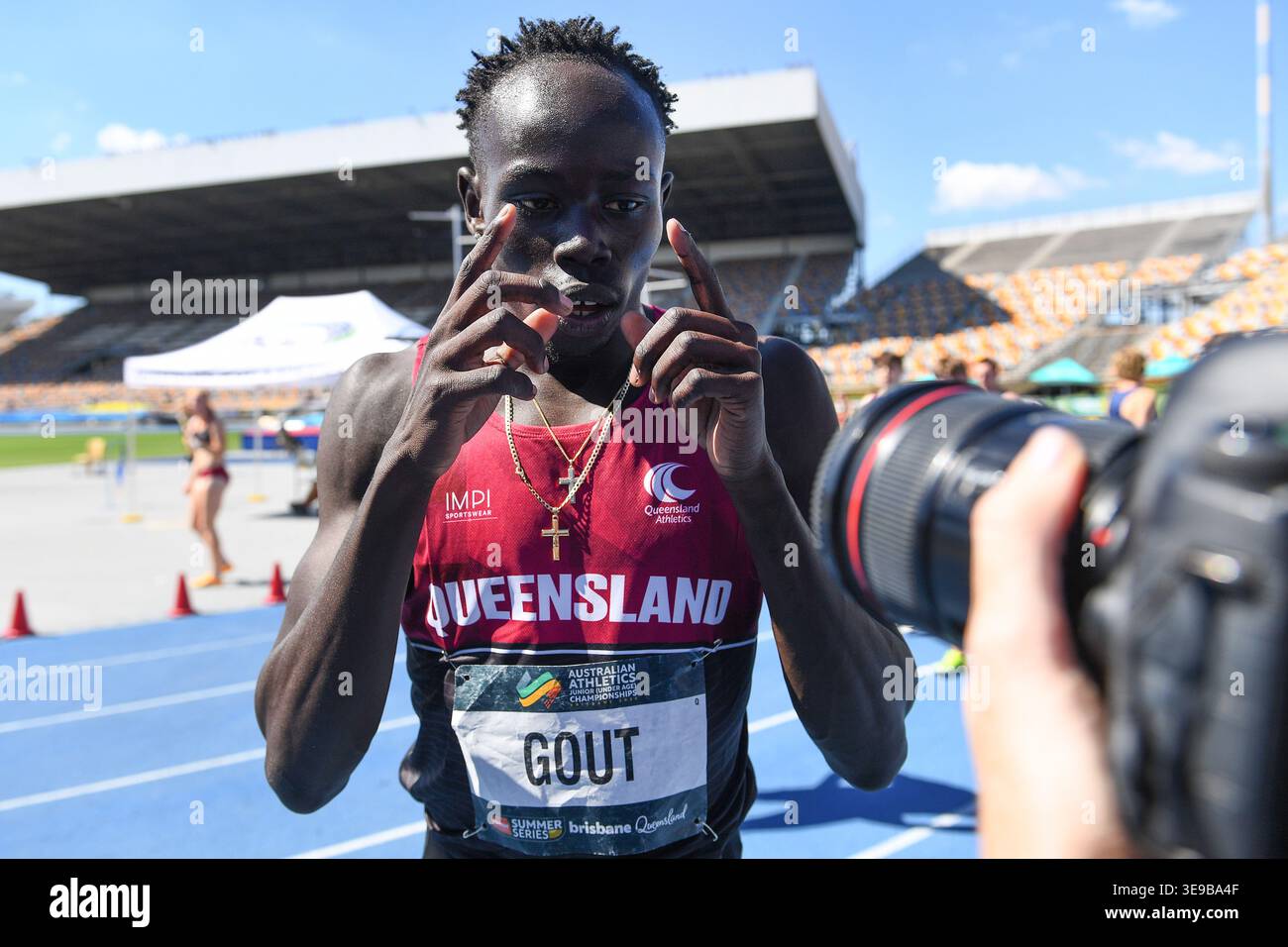 Gout Gout celebrates winning the under 20s100m Semi-final during the ...