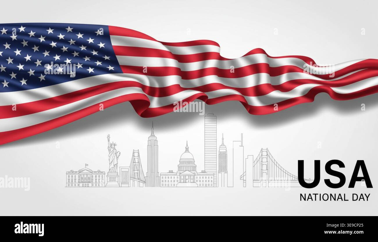 USA National Day Vector with Waving American Flag, US Skyline Landmarks ...