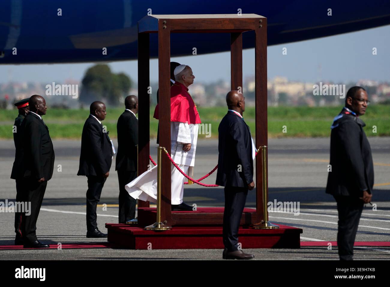 Pope Leo XIV observes a 21 gun salute after arriving in Luanda, Angola ...