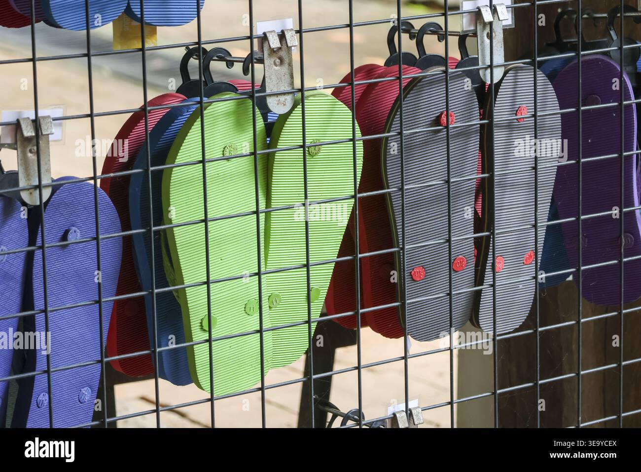 Colorful summer flip flop sandal hanging on black wire rack for retail ...