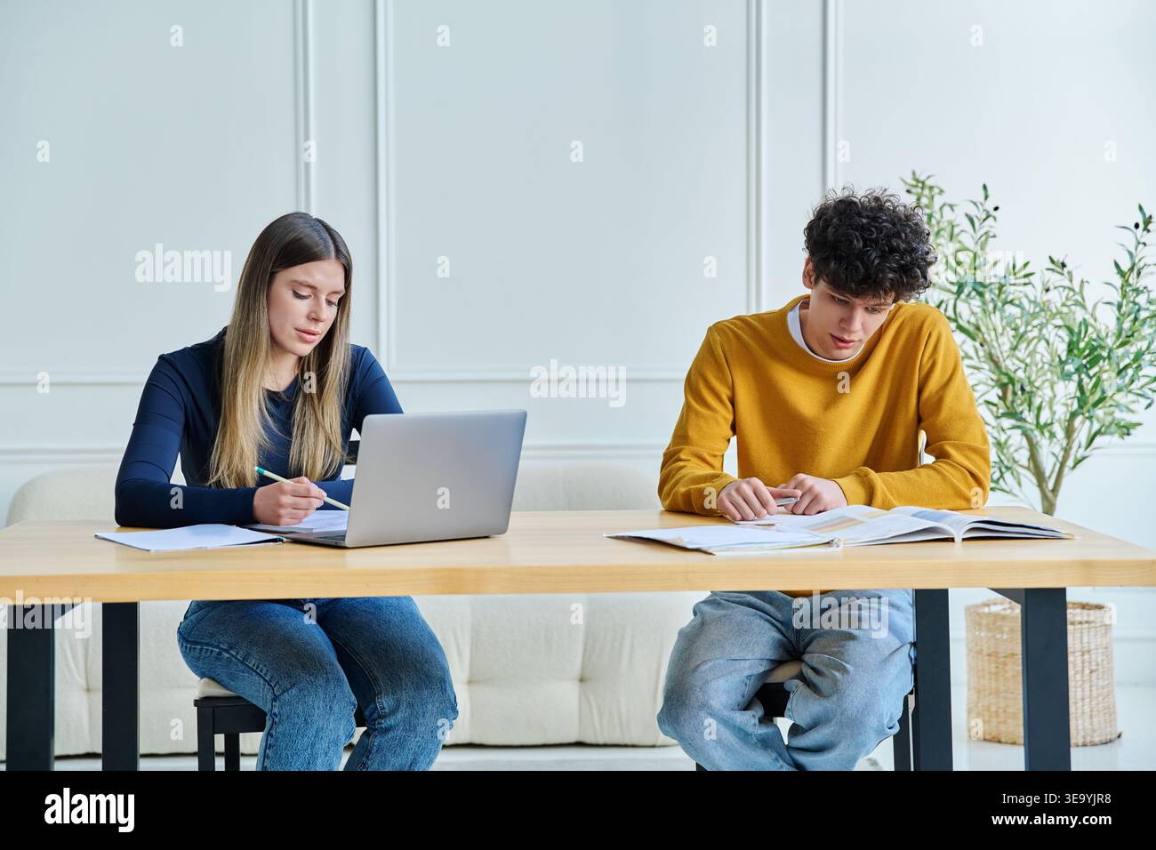 Two university students sitting at desk studying, with laptop ...