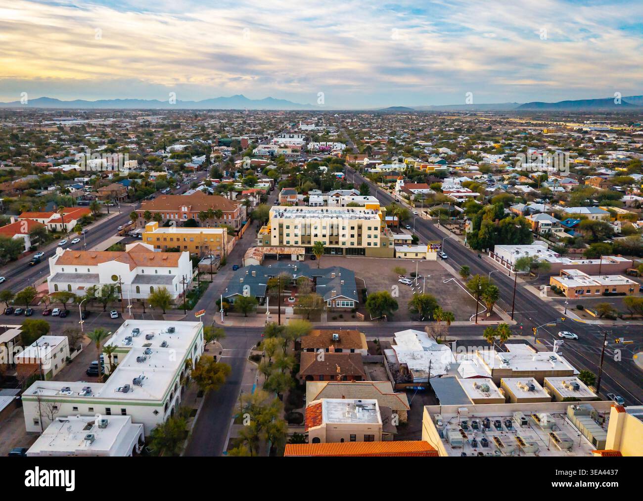 Tucson, AZ, USA - February 15, 2026: Aerial perspective shows Tucson ...