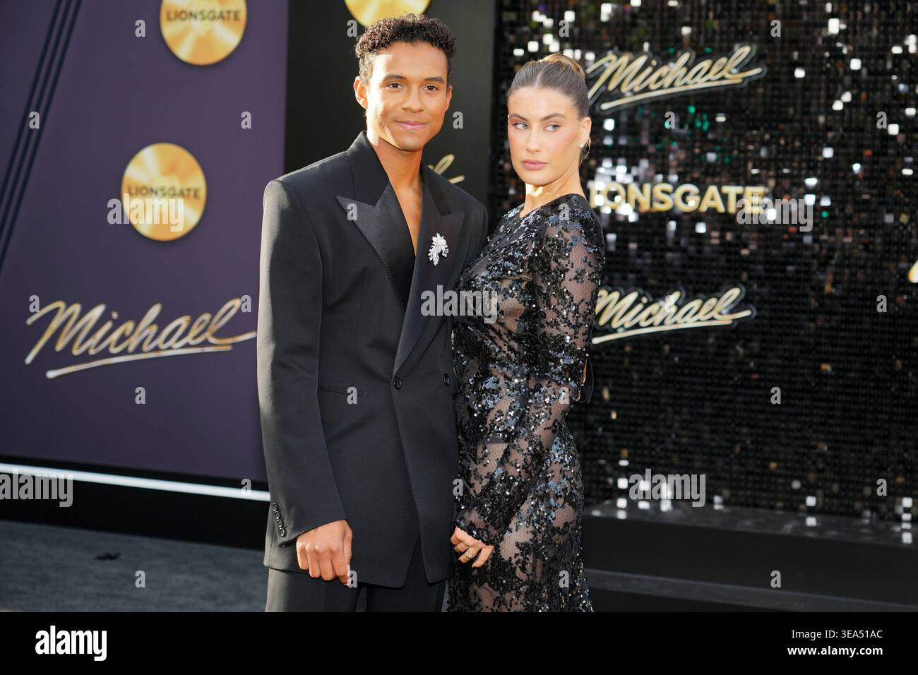 Jaafar Jackson, left, and Maddie Simpson arrive at the premiere of ...