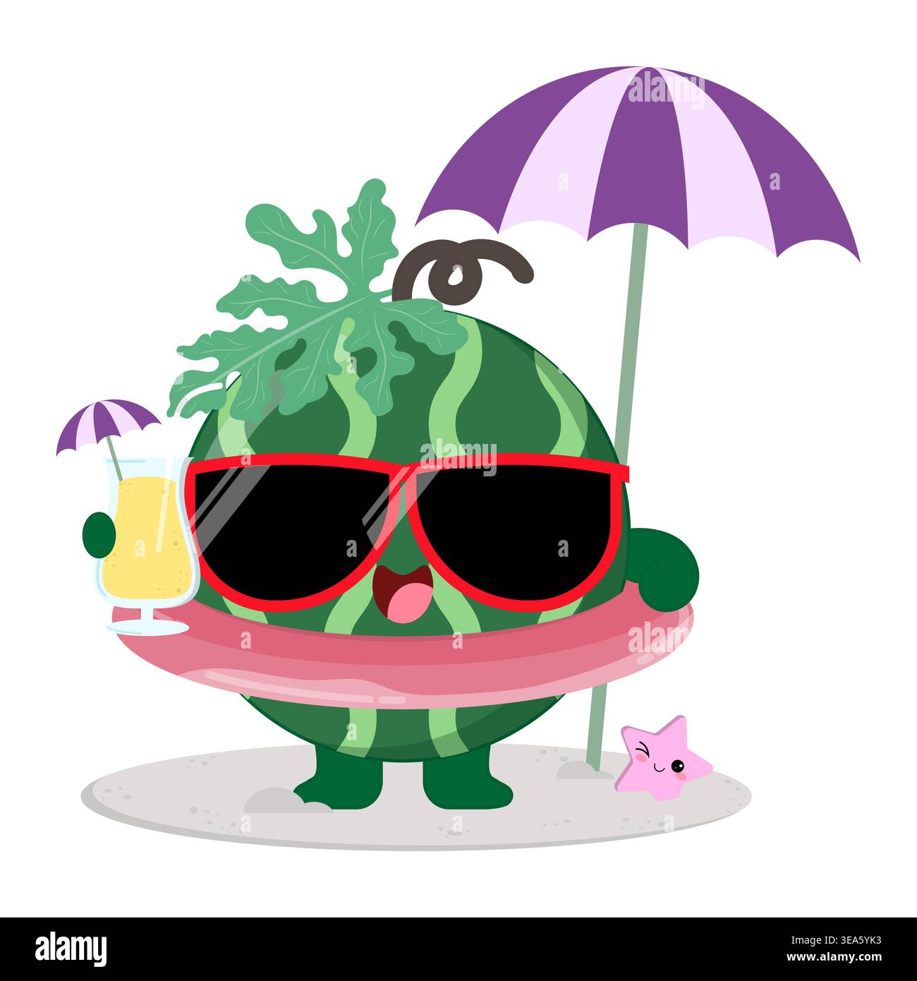 Cute And Happy Watermelon Fruit Cartoon Character Enjoying The Beach ...