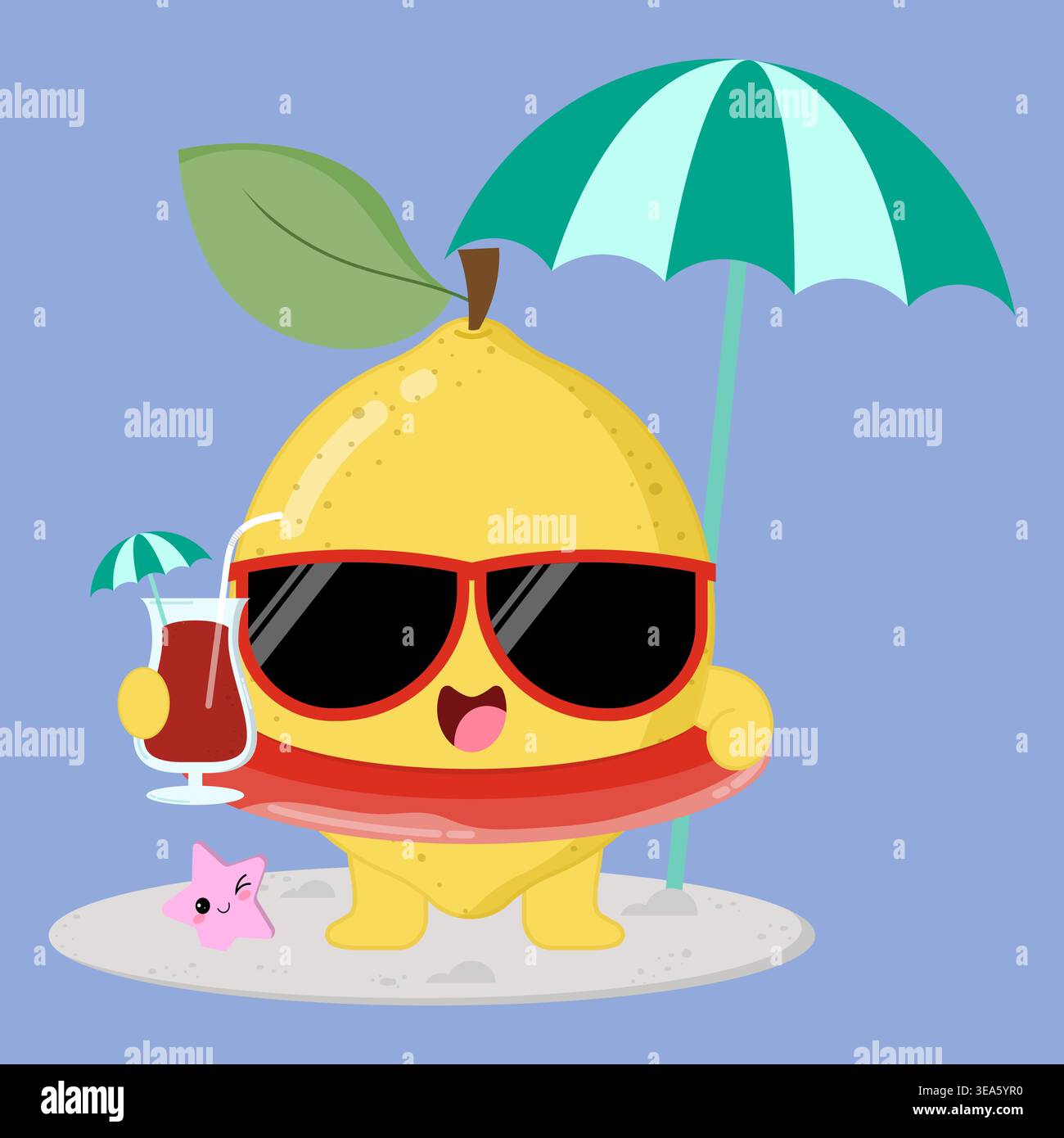 Cute And Happy Lemon Fruit Cartoon Character Enjoying The Beach While ...