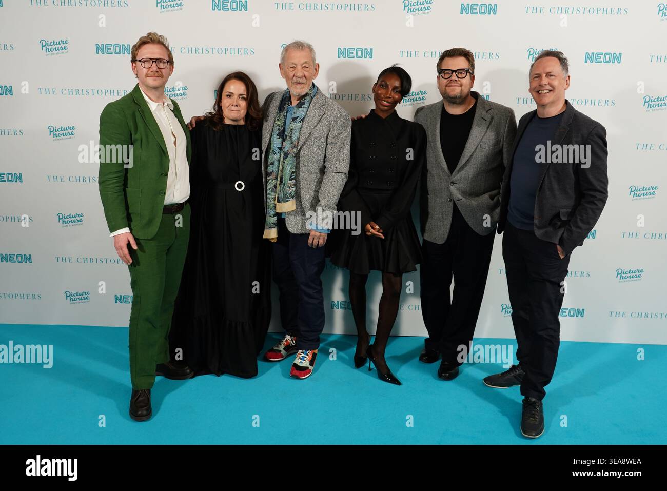 (left to right) Iain Canning, James Corden, Sir Ian McKellen, Michaela ...