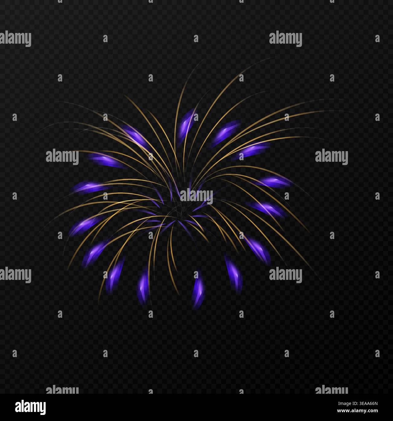 Vivid purple and gold fireworks burst against a dark transparent ...