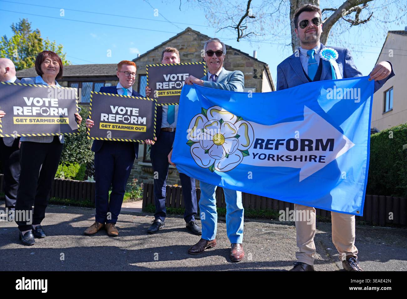 Reform UK leader Nigel Farage during a visit to Denby Dale in Kirklees ...