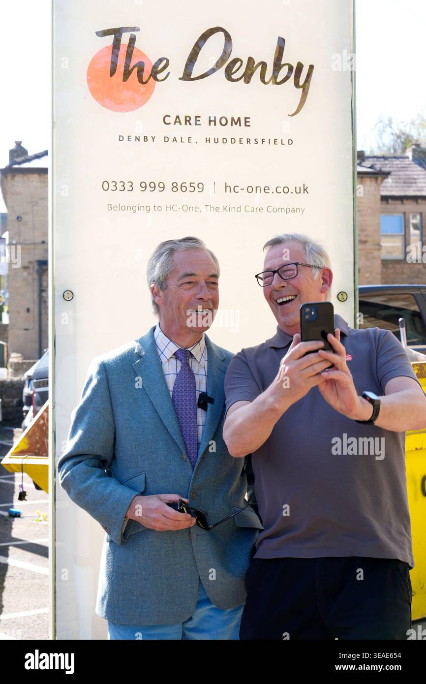 Reform UK leader Nigel Farage during a visit to Denby Dale in Kirklees ...