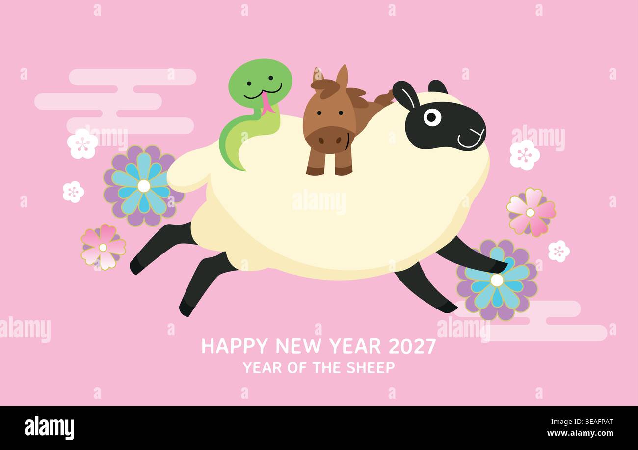 Cute suffolk sheep with zodiac horse and snake. New Year of the Sheep ...