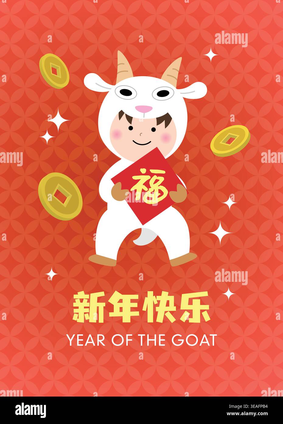 Child with goat costume holding good fortune charm. Year of the Goat ...