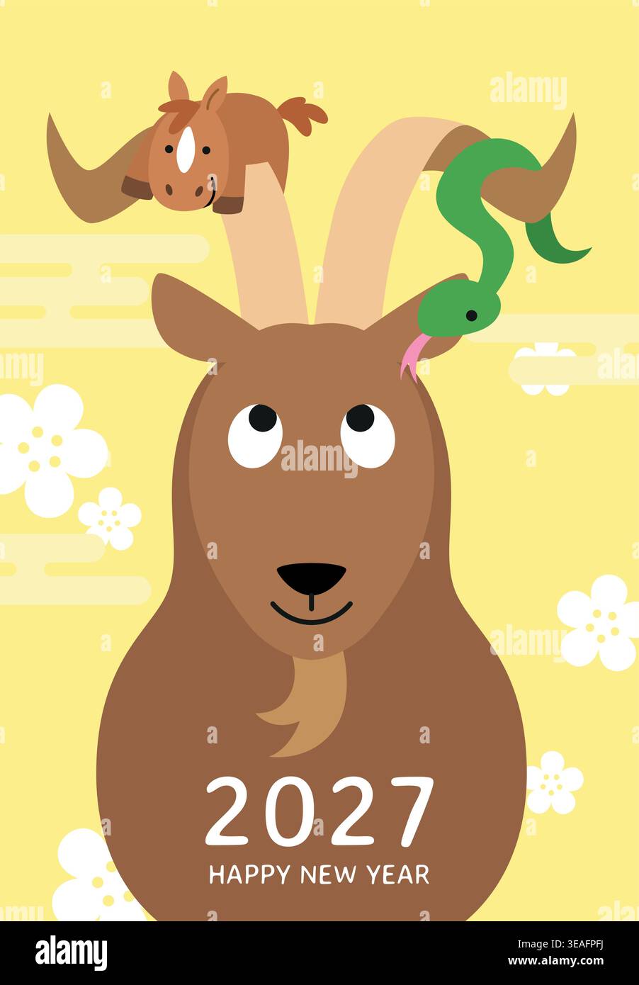 New Year of the Goat 2027 card with horse and snake. Cute cartoon ...