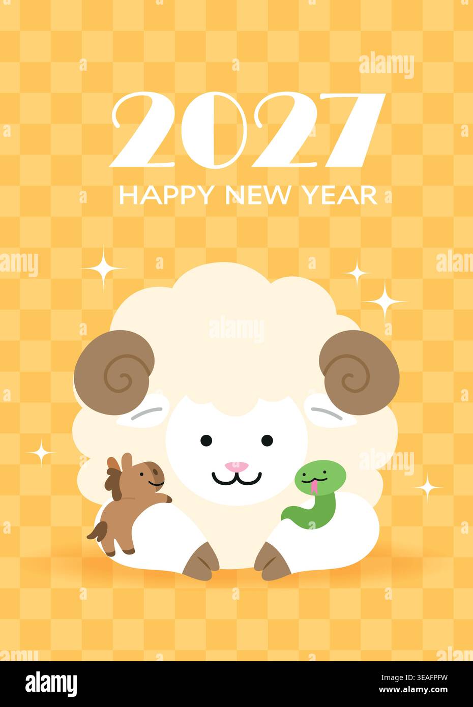 Year of the Sheep 2027 vertical card with zodiac horse and snake. Cute ...