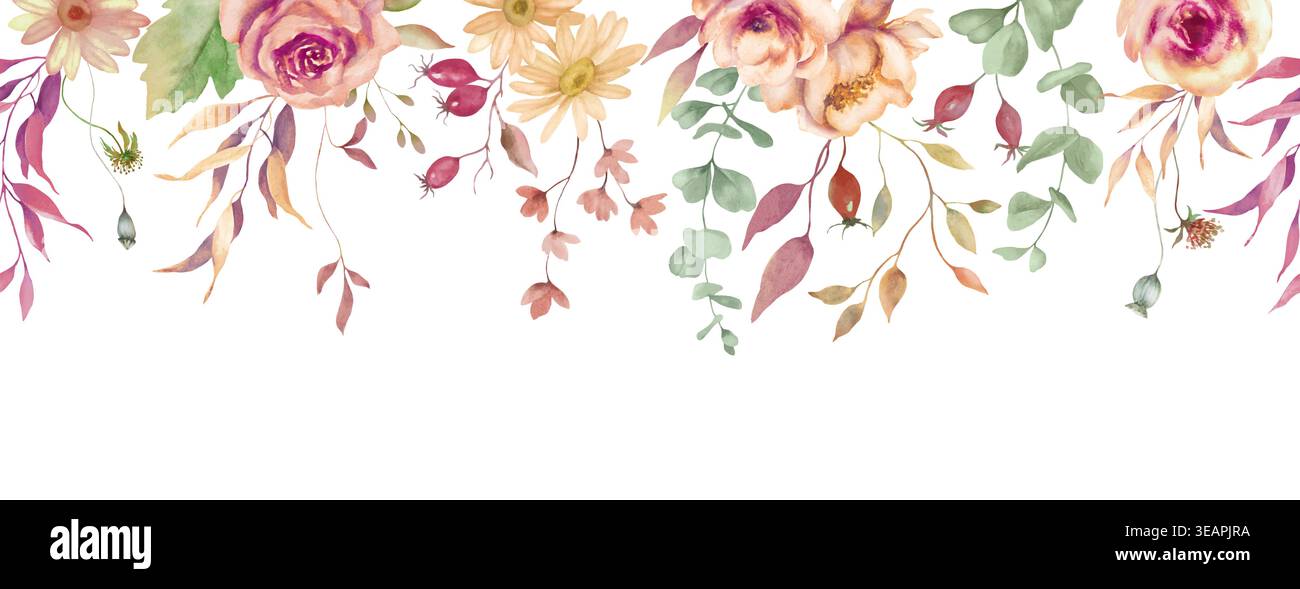 Watercolor autumn floral seamless border with, flowers, berries, fall ...