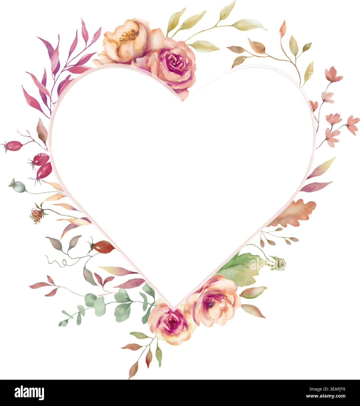 Watercolor autumn floral heart frame with roses, flowers, berries, fall ...