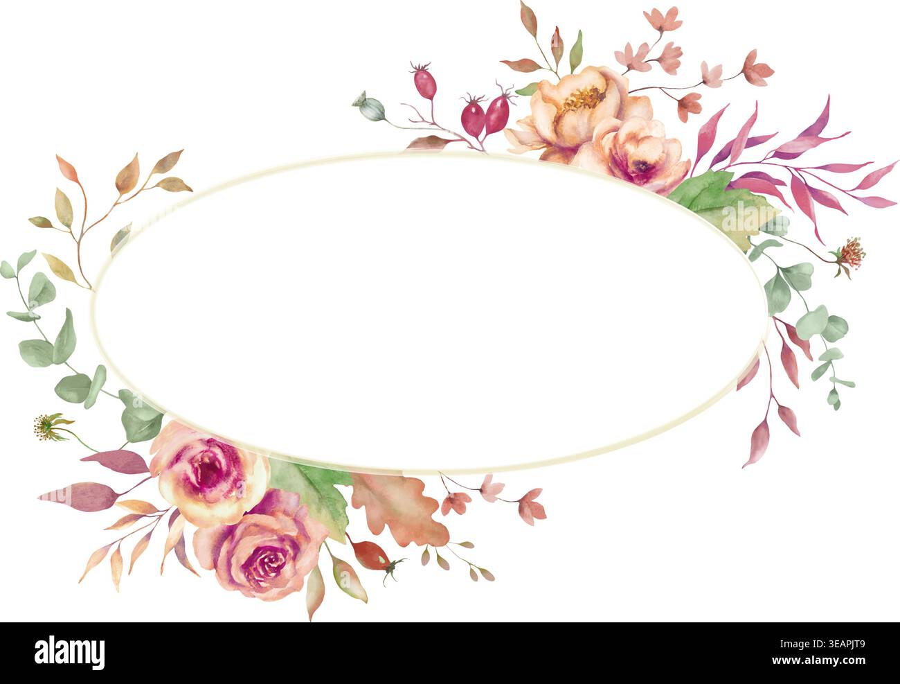 Watercolor autumn floral frame with roses, flowers, berries fall leaves ...