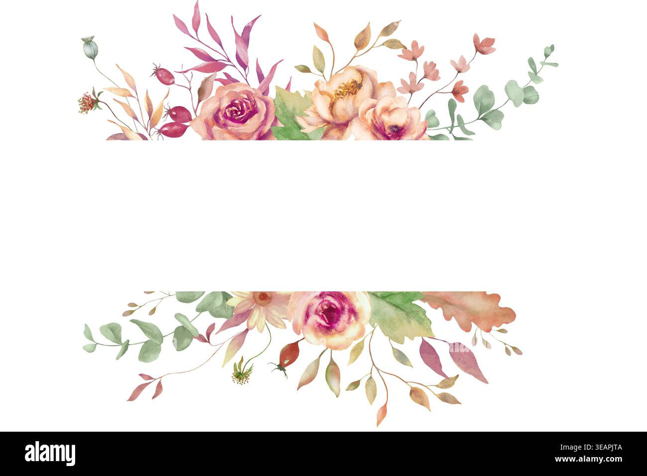 Watercolor autumn floral frame with roses, flowers, berries fall leaves ...