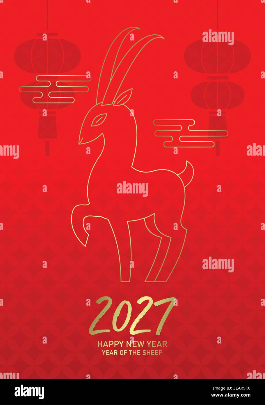 Year of the Goat 2027 line art poster template. Zodiac goat shape gold ...