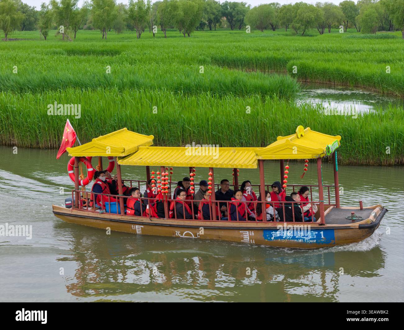 Tourists ride boats through the reed maze in Dazong Lake Scenic Area ...