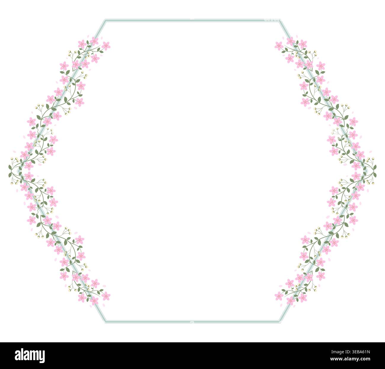 Green Hexagon Floral Border Frame With Pink Flowers Cherry Blossom And ...