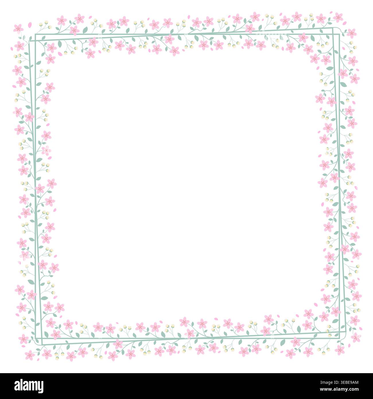Green Square Floral Border Frame With Pink Flower Cherry Blossoms Stock ...
