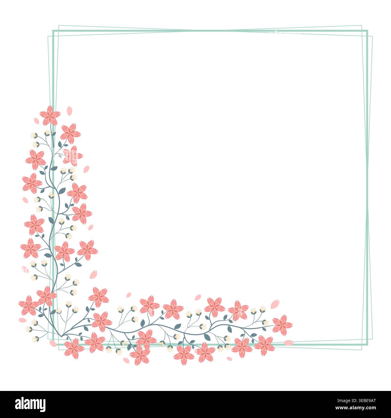 Green Square Floral Border Frame With Pink Peach Flower Cherry Blossoms ...